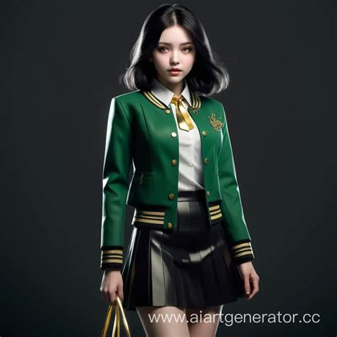 Darkhaired Girl In Chic Black Skirt And Jacket With Green Stripe And Gold Accents Ai Art Generator