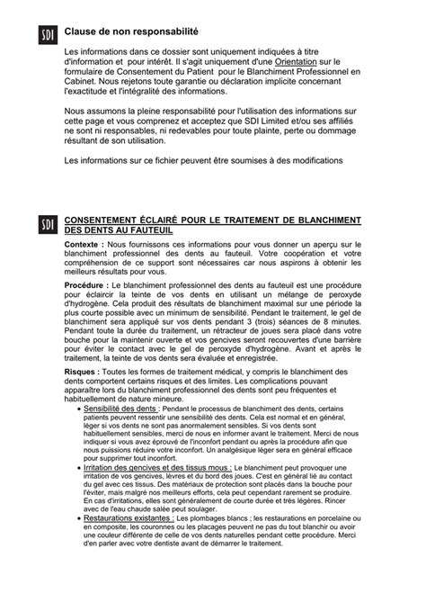 consentement éclairé pour le traitement de blanchiment des dents