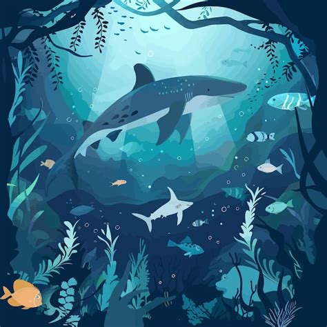 Акула кит и скара с рыбой плавающей в море Премиум векторы