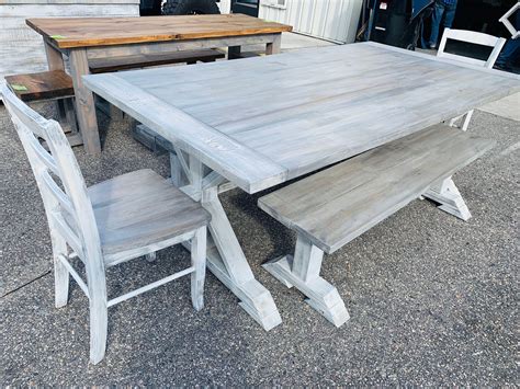 7ft Rustic Farmhouse Table Set With Benches And Chairs And Breadboards