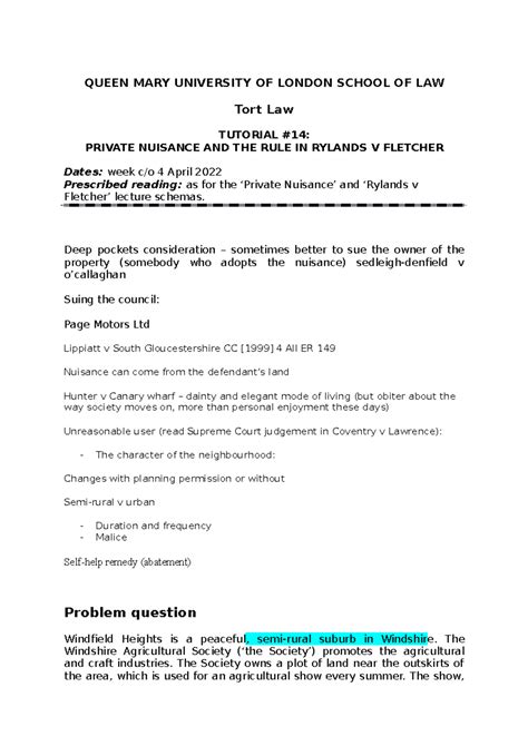 Nuisance Tutorial QUEEN MARY UNIVERSITY OF LONDON Babe OF LAW Tort Law TUTORIAL 14 PRIVATE