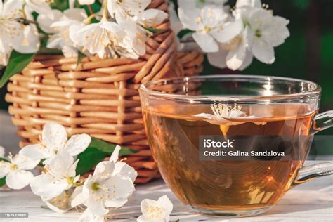 여름에 야외에서 흰색 나무 트레이에 향기로운 재스민 차와 자스민 또는 모의 오렌지와 컵이라고 어딘가에 필라델푸스의 꽃 바구니 0명에 대한 스톡 사진 및 기타 이미지 Istock