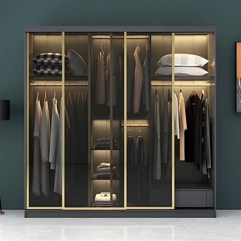 Modern Sliding Door Wardrobe For Bedroom Black Cabinet With Glass Doors