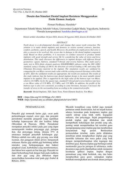 PDF Desain Dan Simulasi Dental Implant Resistens Menggunakan Finite Elemen Analysis