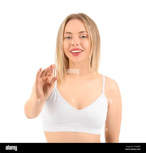 Beautiful Young Woman Holding Ampule On White Background Skin Care