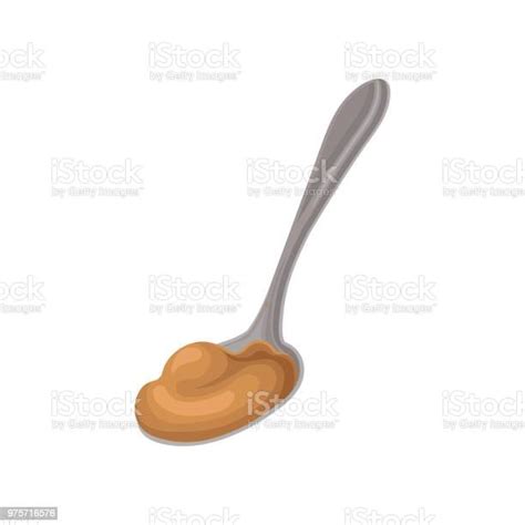 달콤한 땅콩 버터와 함께 회색 숟가락입니다 건강 한 영양입니다 광고 또는 제품 포장에 대 한 평면 벡터 요소 0명에 대한 스톡