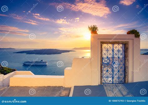 Amazing Evening View Of Fira Caldera Volcano Of Santorini Greece Stock Image Image Of