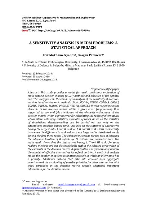 Pdf A Sensitivity Analysis In Mcdm Problems A Statistical Approach