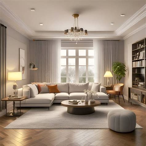 Living Room Interior Design With Sofa Coffee Table And Bookshelf 3d