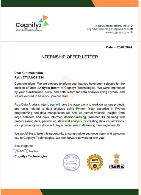 Himabindhu Godala On Linkedin Cognifyz Internship Dataanalysis Offerletter
