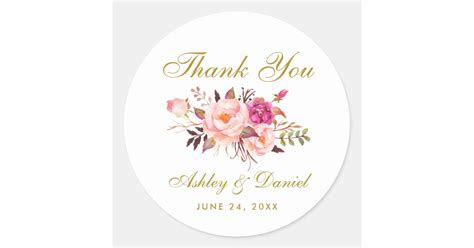 Pink Blush Gold Floral Wedding Thank You Classic Round Sticker Zazzle