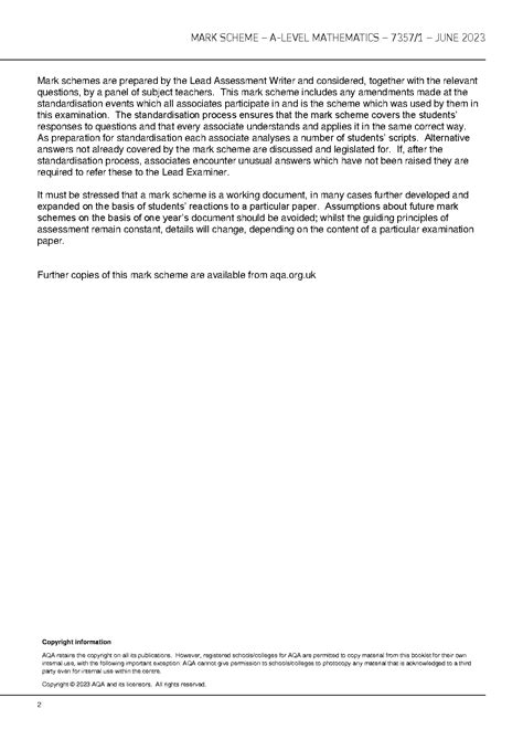 AQA A LEVEL MATHEMATICS PAPER MARK SCHEME