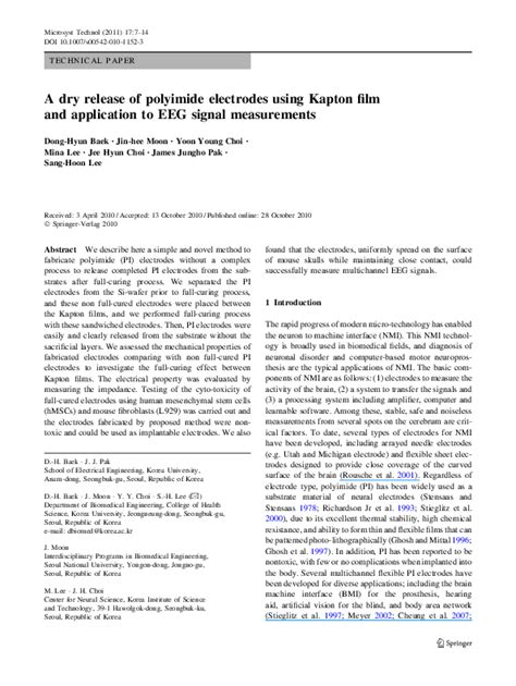 Pdf A Dry Release Of Polyimide Electrodes Using Kapton Film And Application To Eeg Signal