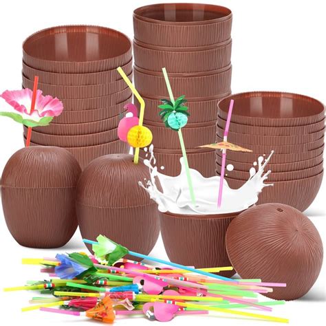 Gerrii 140 Pcs Coconut Cups Hawaiian Party 16 Oz Coconut Cups With Straws Set Plastic Hawaii