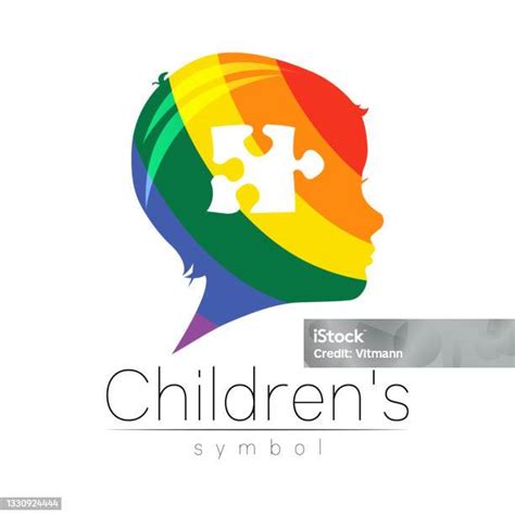 무지개 색 벡터퍼즐아이 로고 타입 실루엣 프로필 인간의 머리 사람 어린이 자폐증 어린이 치료 클리닉 교육을위한 개념 로고 흰색 배경의 템플릿 디자인 가족에 대한 스톡 벡터