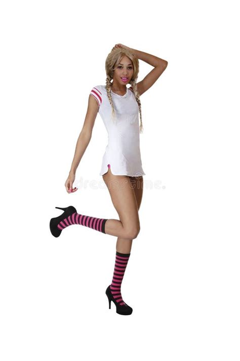 Young Slim African American Woman In Heels And Socks Shirt Stock Image