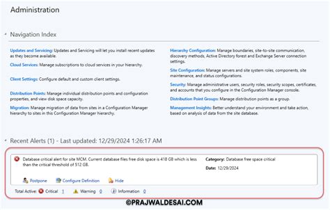 configure low disk space alerts for sccm database server