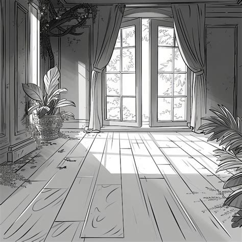 Interior Sketch Of A Room With A Large Window And A Flowerpot Premium