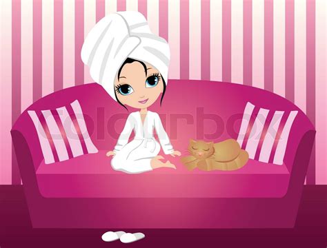 Woman Cartoon On A Crimson Sofa Stock Vector Colourbox