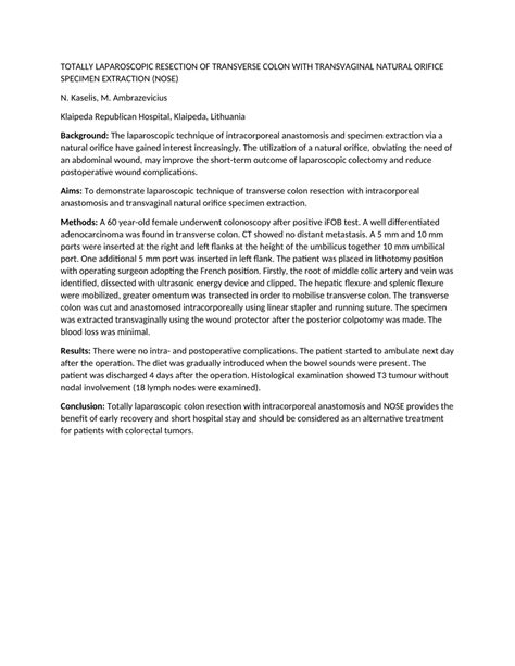 Pdf Totally Laparoscopic Resection Of Transverse Colon With Transvaginal Natural Orifice