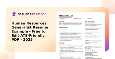 Human Resources Generalist Resume Example Free To Edit Ats Friendly