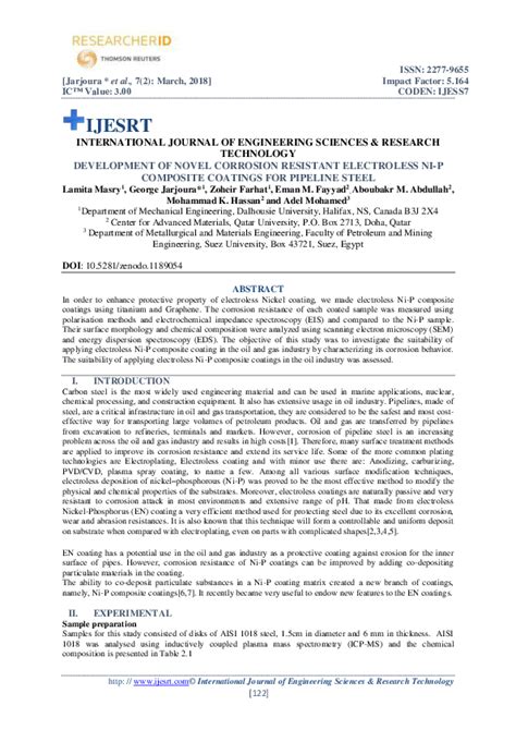Pdf Development Of Novel Corrosion Resistant Electroless Ni P Composite Coatings For Pipeline