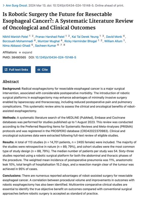 Robotic Surgery May Improve Esophageal Cancer Treatment Gi Oncology