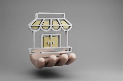 아름다운 추상적 인 삽화 회색 배경에 골든 핸드 홀딩 스토어 빌딩 기호 아이콘 3d 렌더링 그림 온라인 쇼핑 0명에 대한 스톡