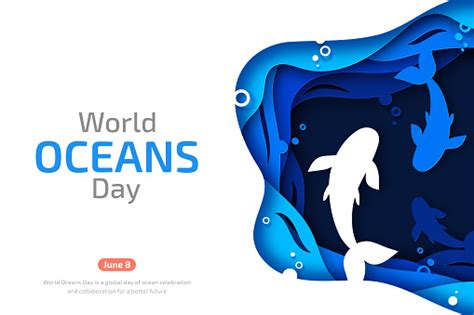 세계 바다의 날의 종이 예술 세계의 바다 물 수 중 세계 생태계를 보호 하 고 보존 하는 데 전념 하는 축 하 바다 파도와 물고기의 파란 종이 접기 포스터입니다 벡터 배경