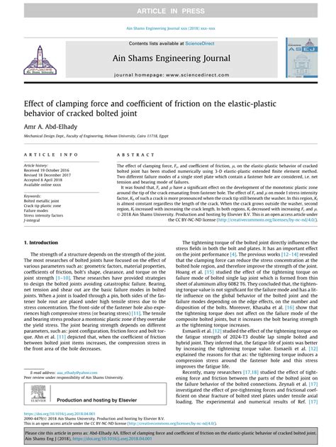 Pdf Effect Of Clamping Force And Coefficient Of Friction On The Elastic Plastic Behavior Of