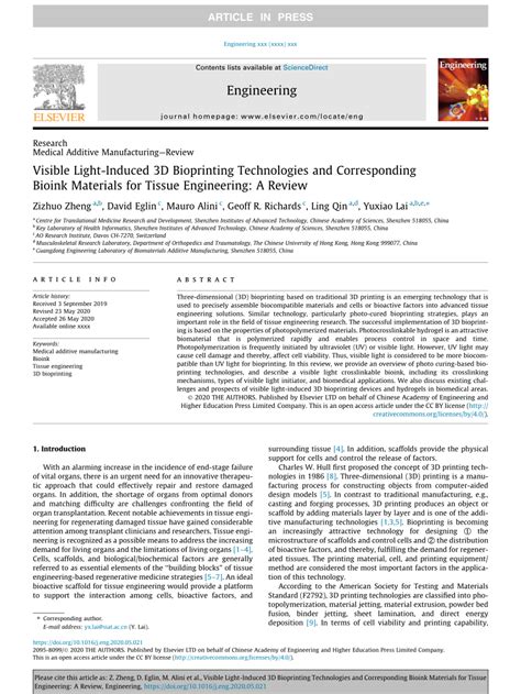 Pdf Visible Light Induced 3d Bioprinting Technologies And Corresponding Bioink Materials For