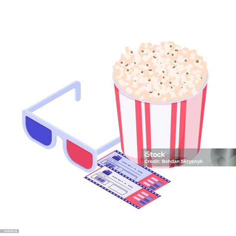 시네마는 등등 측정 세트를 제공합니다 현대 영화 엔터테인먼트 3d 안경 효과 존재 노란색 짠 팝콘 두 티켓 등측투영법에 대한