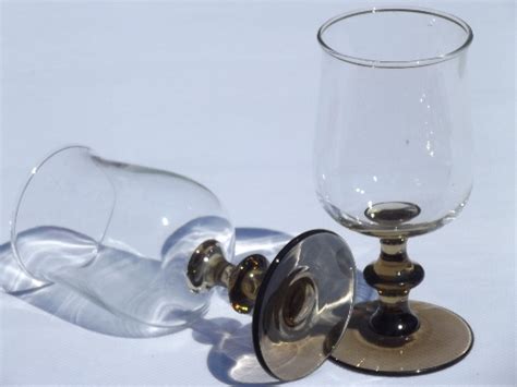 70s Libbey Tulip Wine Glasses Tawny Brown Smoke And Clear Glass Goblets