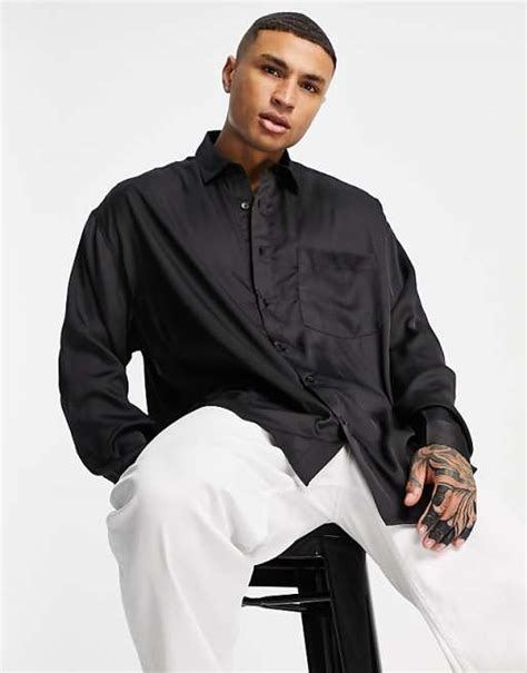 Asos Design Oversized Satin Shirt With Dip Back Hem In Black Asos