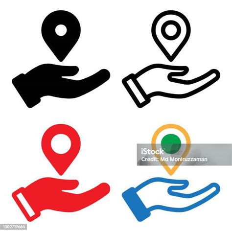 흰색 배경에 검은 색지도 포인터 아이콘을 보여주는 손의 플랫 라인 디자인 그래픽 이미지 개념 블루 스톡 일러스트레이션에 고립 된 트렌디 한 플랫 스타일의 맵 아이콘을