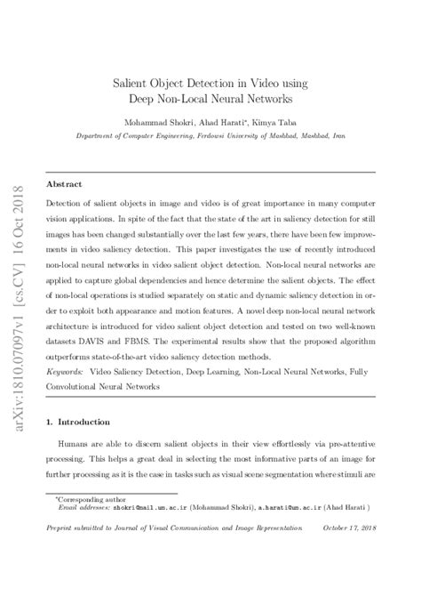 Pdf Salient Object Detection In Video Using Deep Non Local Neural