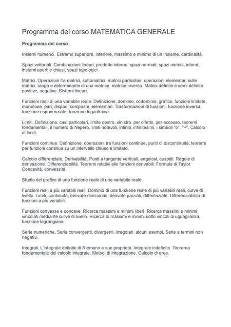 Programma Del Corso Matematica Generale Programma Del Corso
