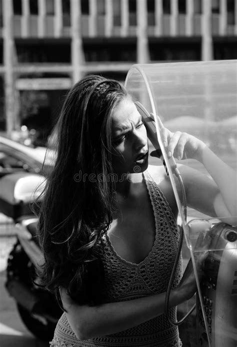 Vintage Concept Woman With Payphone Communication Oldstyled City