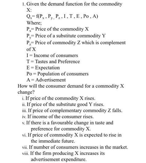 solved 1 given the demand function for the commodity x