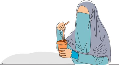 Uno Soltero Línea Dibujo De Joven Bonito Asiático Muslimah Vistiendo