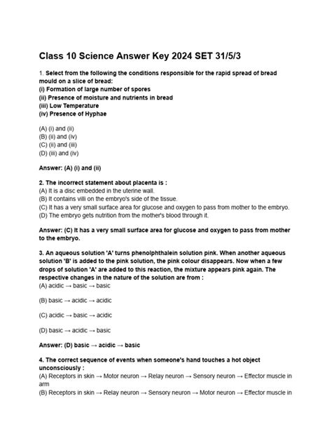 Class 10 Science Answer Key 2024 Set 31 5 3 Pdf Chemical