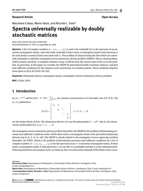 Pdf Spectra Universally Realizable By Doubly Stochastic Matrices