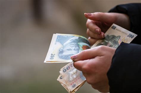 Lei 지폐의 세부 사항에 선택적 초점 루마니아 어 Lei 지폐를 계산하거나 제공합니다 세계 화폐 개념 인플레이션 및 경제 개념