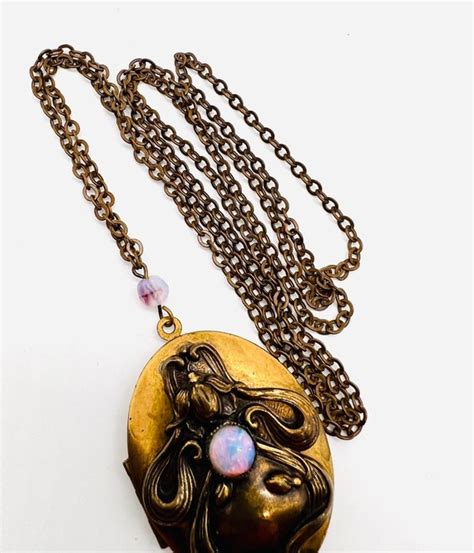 Victorian Revival Faux Opal Glass Locket Necklace Art Gem