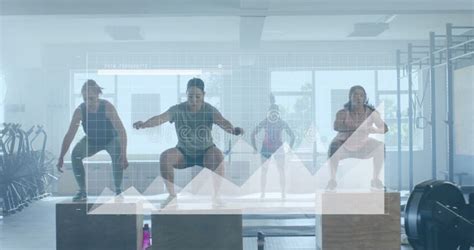 Image Of Data Processing On Graphs Over Montage Of Diverse Women Cross Training At Gym Stock