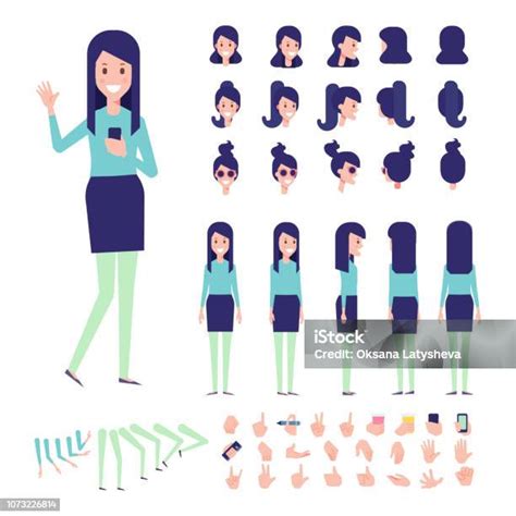 다양 한 조회 헤어스타일 자세 및 제스처 설정 전화 문자 창조와 예쁜 소녀 귀여운에 대한 스톡 벡터 아트 및 기타 이미지 귀여운 긴 다리 신체 부분 Istock