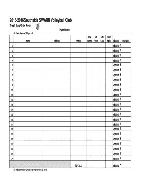 Fillable Online Swarm Trash Bag Order Form Xlsx Fax Email Print PdfFiller