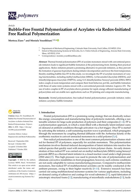 Pdf Bubble Free Frontal Polymerization Of Acrylates Via Redox Initiated Free Radical