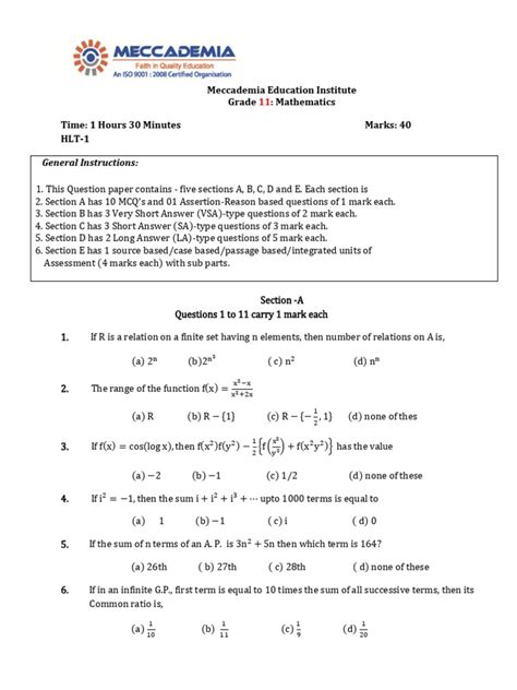 Meccademia Education Institute Grade Mathematics Time 1 Hours 30