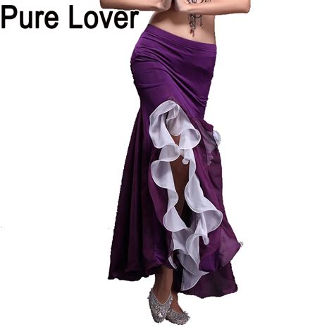 Feecolor Belly Dance Skirt Women Wave Trimed Skirts Side Slit Dress